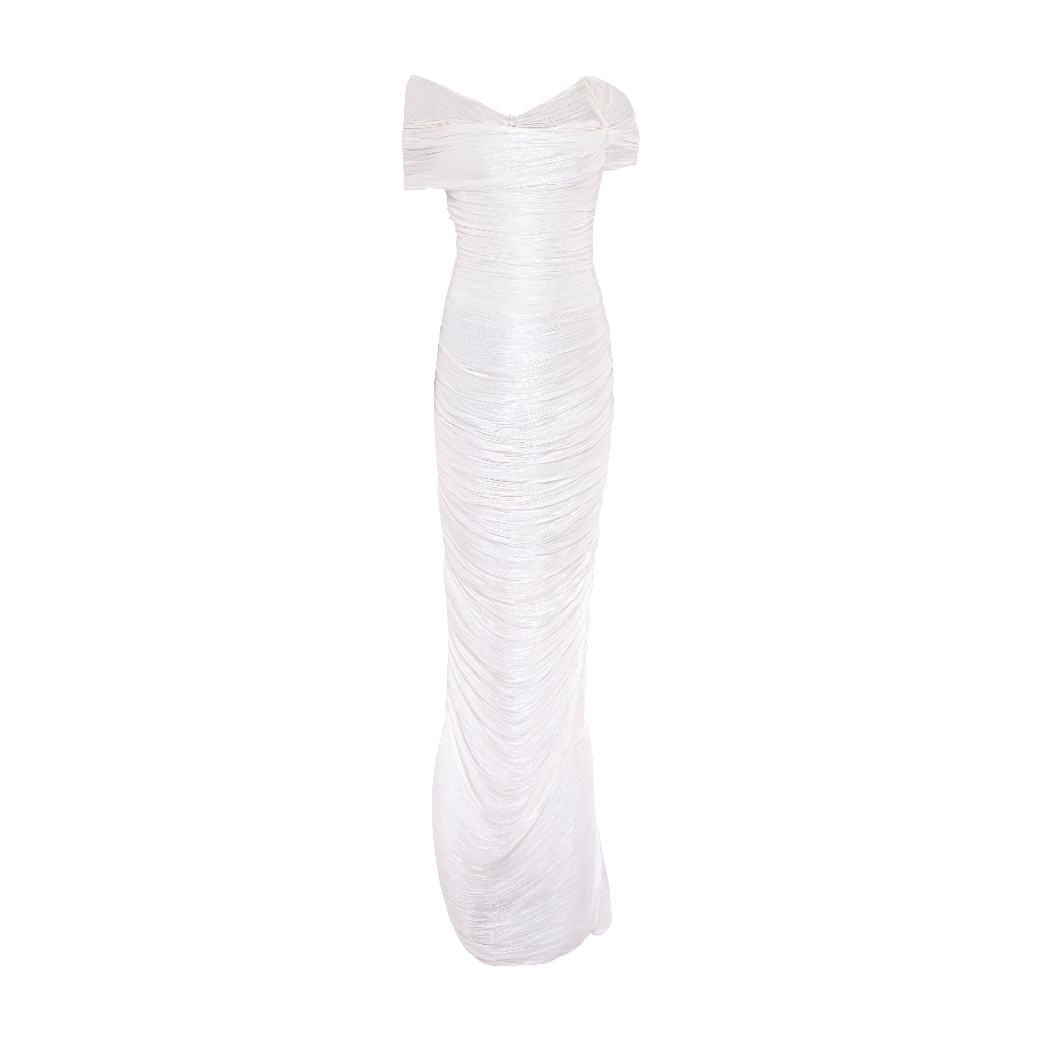 Off shoulder hand pleated draped Satin - like gown – marmar halim