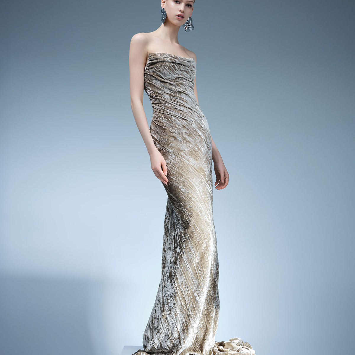 STRAPLESS DRAPED VELVET GOWN WITH BACK TAIL – MARMAR HALIM FASHION ...